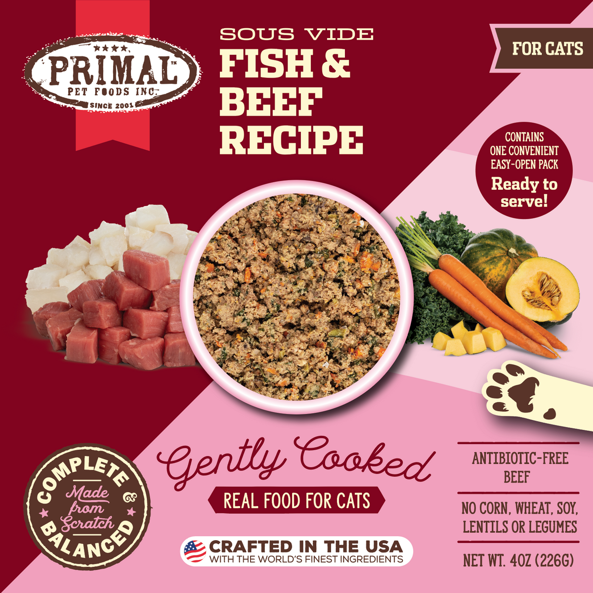 Primal Gently Cooked Fish & Beef Recipe Cat Food 4 oz. (Frozen ...